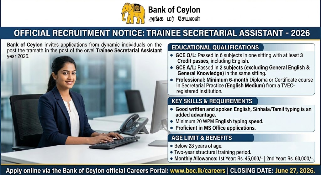 BOC Bank Trainee Secretarial Assistant Vacancies 2026 - Examresults.lk